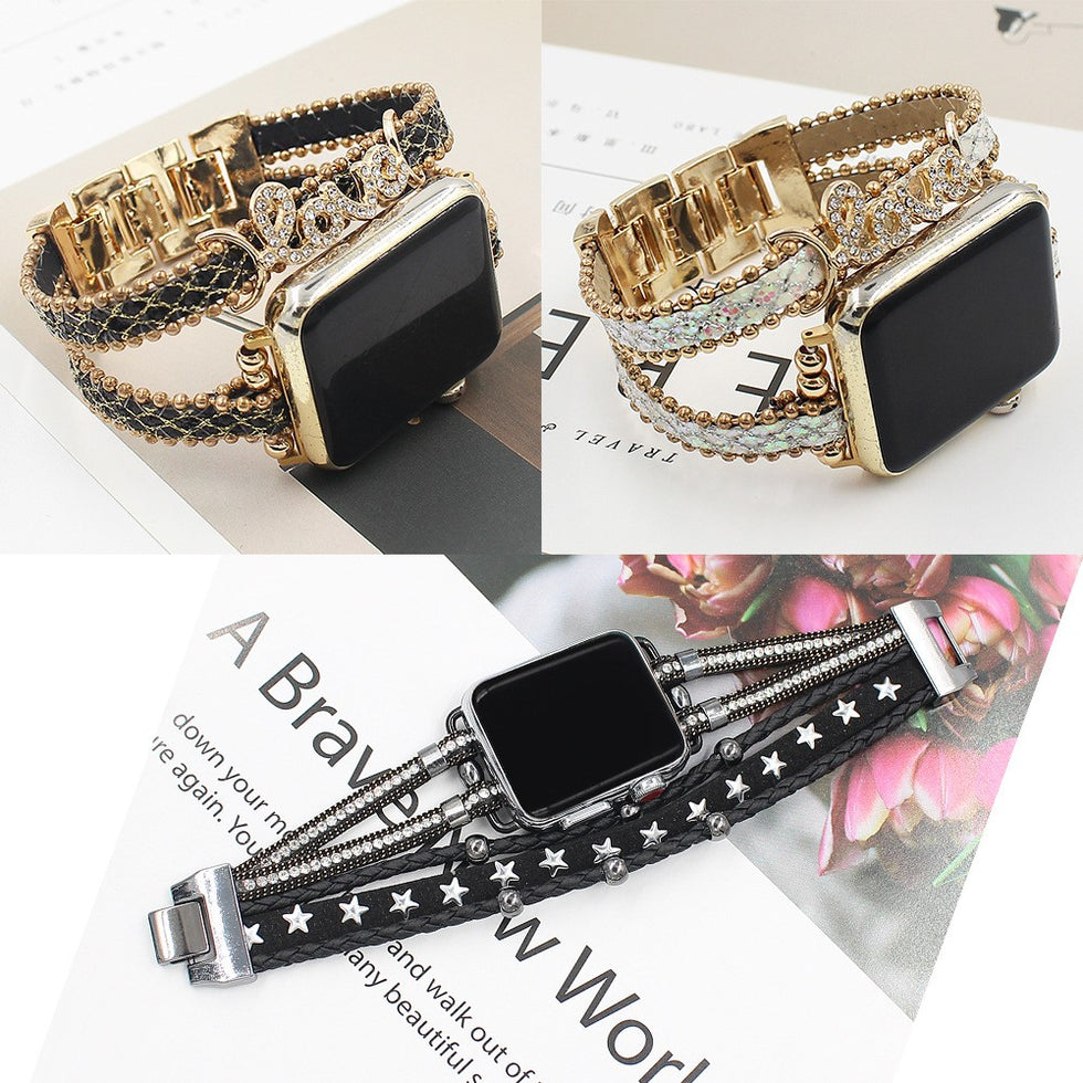 Blinged Out Leather Steel Bracelet Band For Apple Watch Multiple Color ...