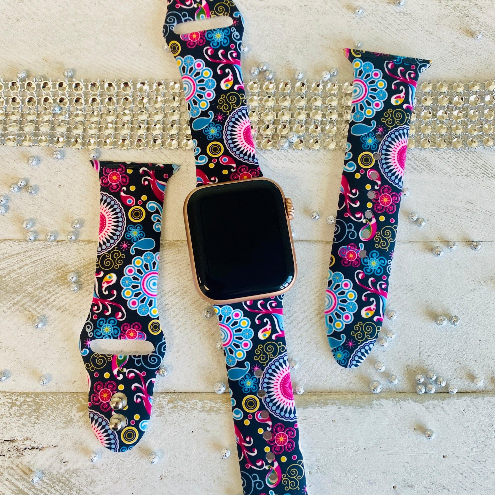 Colorful Paisley Black Print Silicone Band For Apple Watch – Fancy Bands
