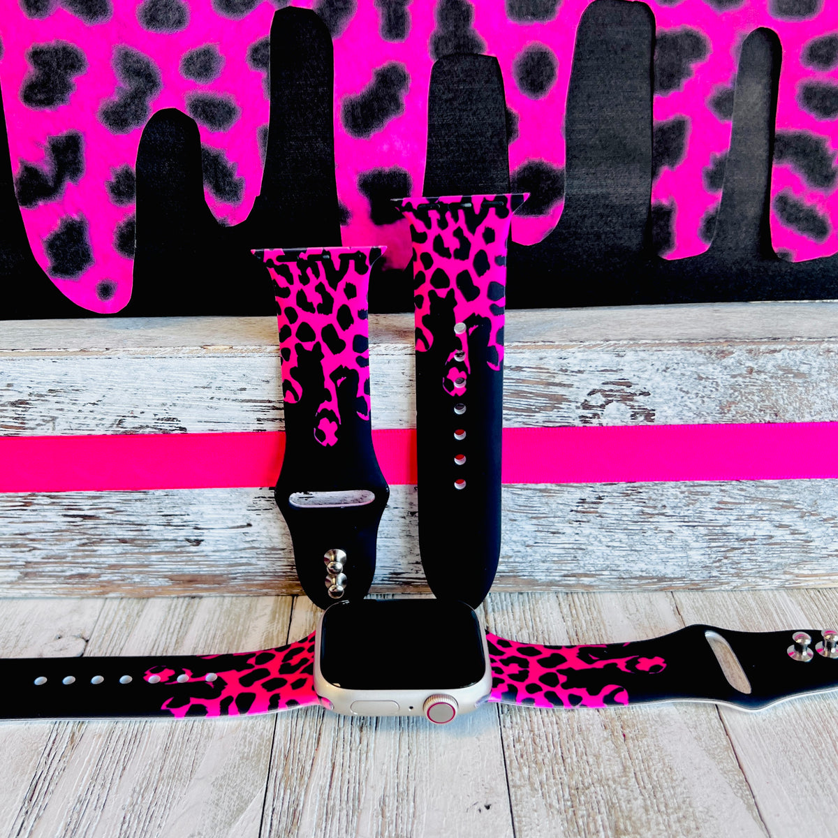 Hot Pink Black Leopard Drip Print Silicone Band For Apple Watch – Fancy ...