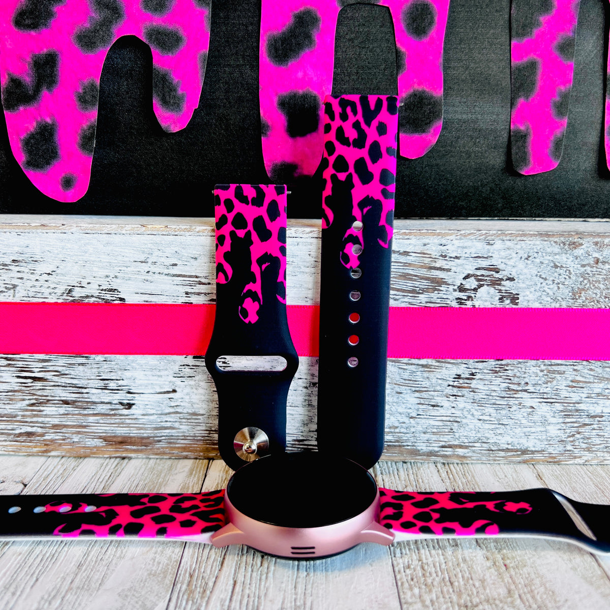 Hot Pink Black Leopard Drip Print Silicone Band For Samsung Watch ...